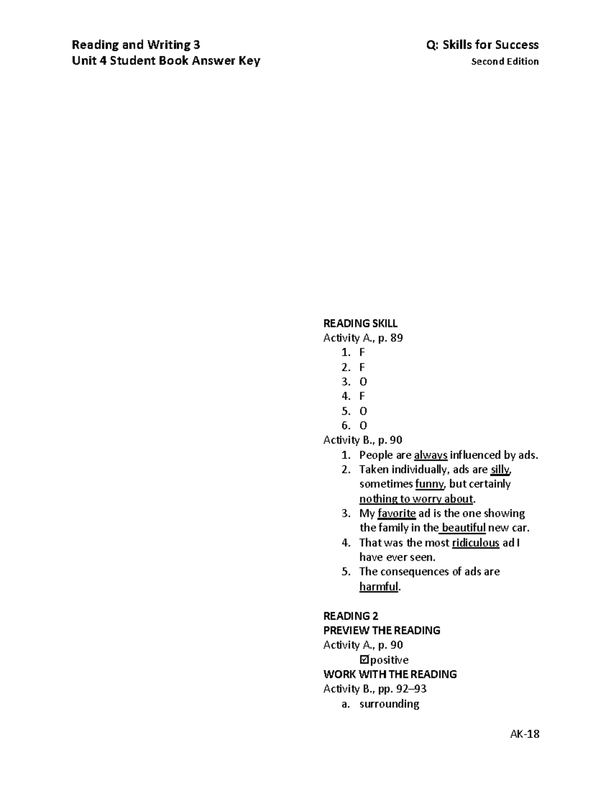 U04 Answer Key for Reading and Writing 3 - Skills for Success - Studocu