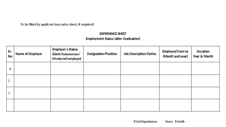 Format-Experience-sheet - To be filled by applicant (use extra sheet ...