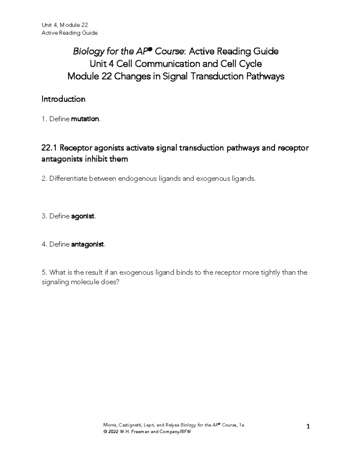 AP Biology Unit 4: Module 22 Active Reading Guide on Signal ...
