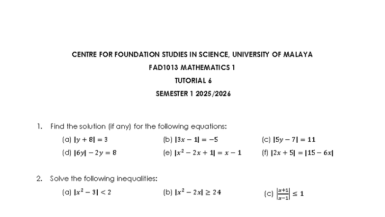 FAD1013 Mathematics 1 Tutorial 6 Solutions and Inequalities - Studocu