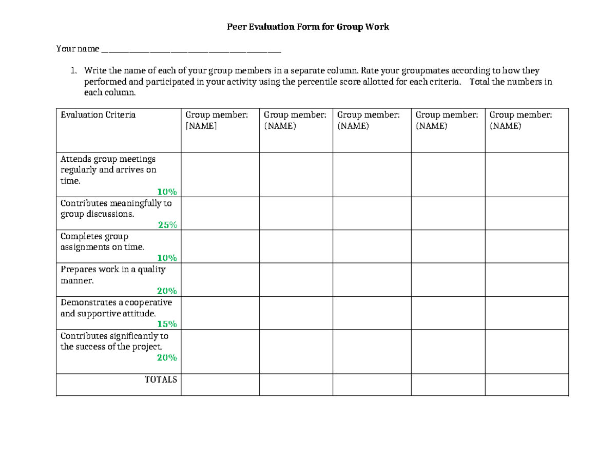 Peer Evaluation Form for Group Work Activities - Studocu