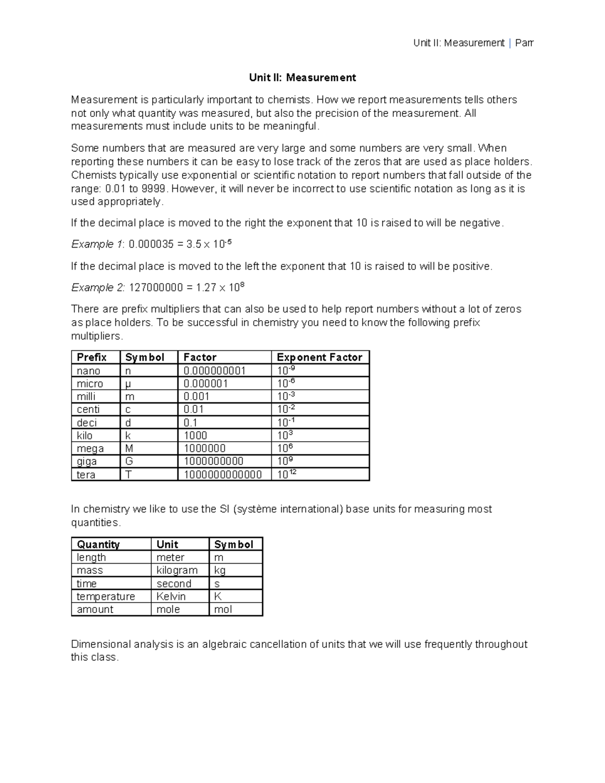 Unit II: Measurement Practice Worksheet - Chem 101 - Studocu