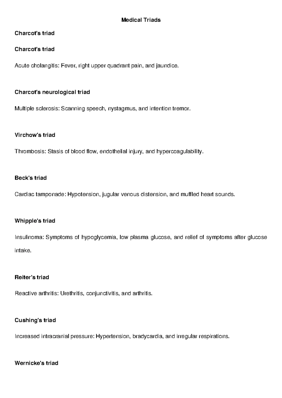 Comprehensive List of 200 Medical Triads and Their Descriptions - Studocu