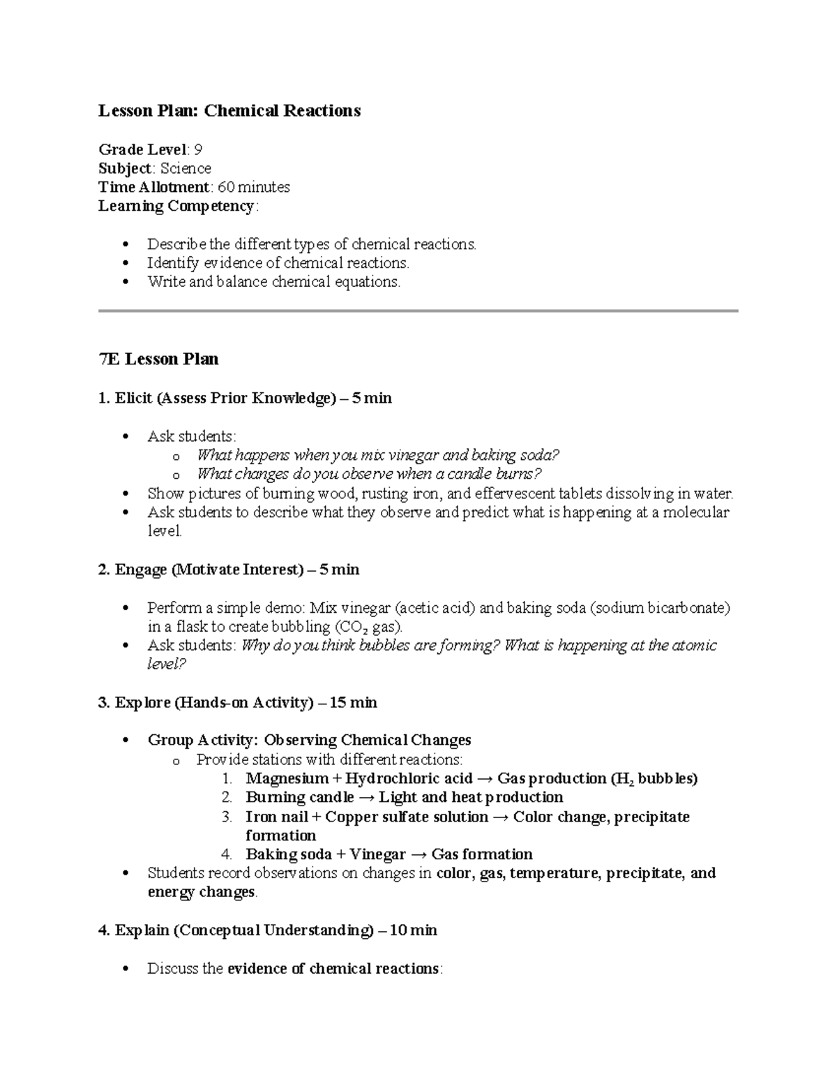 9th Grade Science Lesson Plan: Understanding Chemical Reactions - Studocu