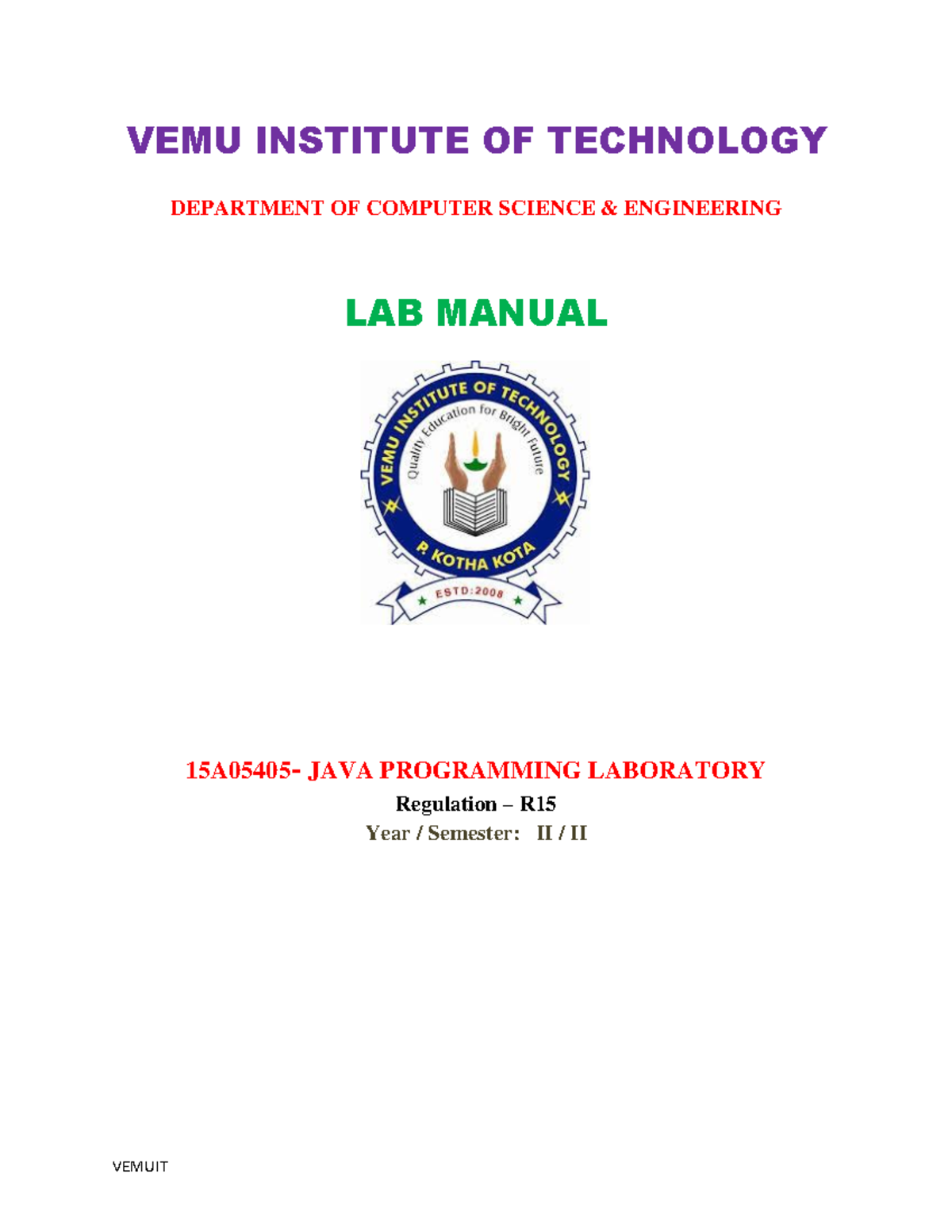 Java Programming Laboratory Lab Manual (15A05405) - VEMUIT - Studocu