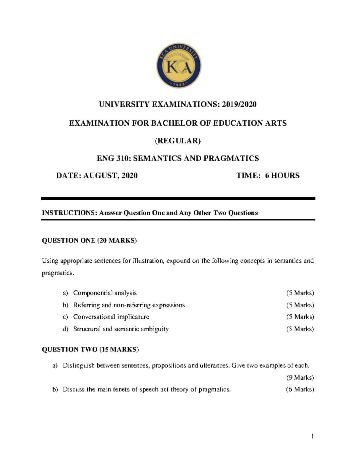Eng 310 Semantics And Pragmatics 1 University Examinations 2019