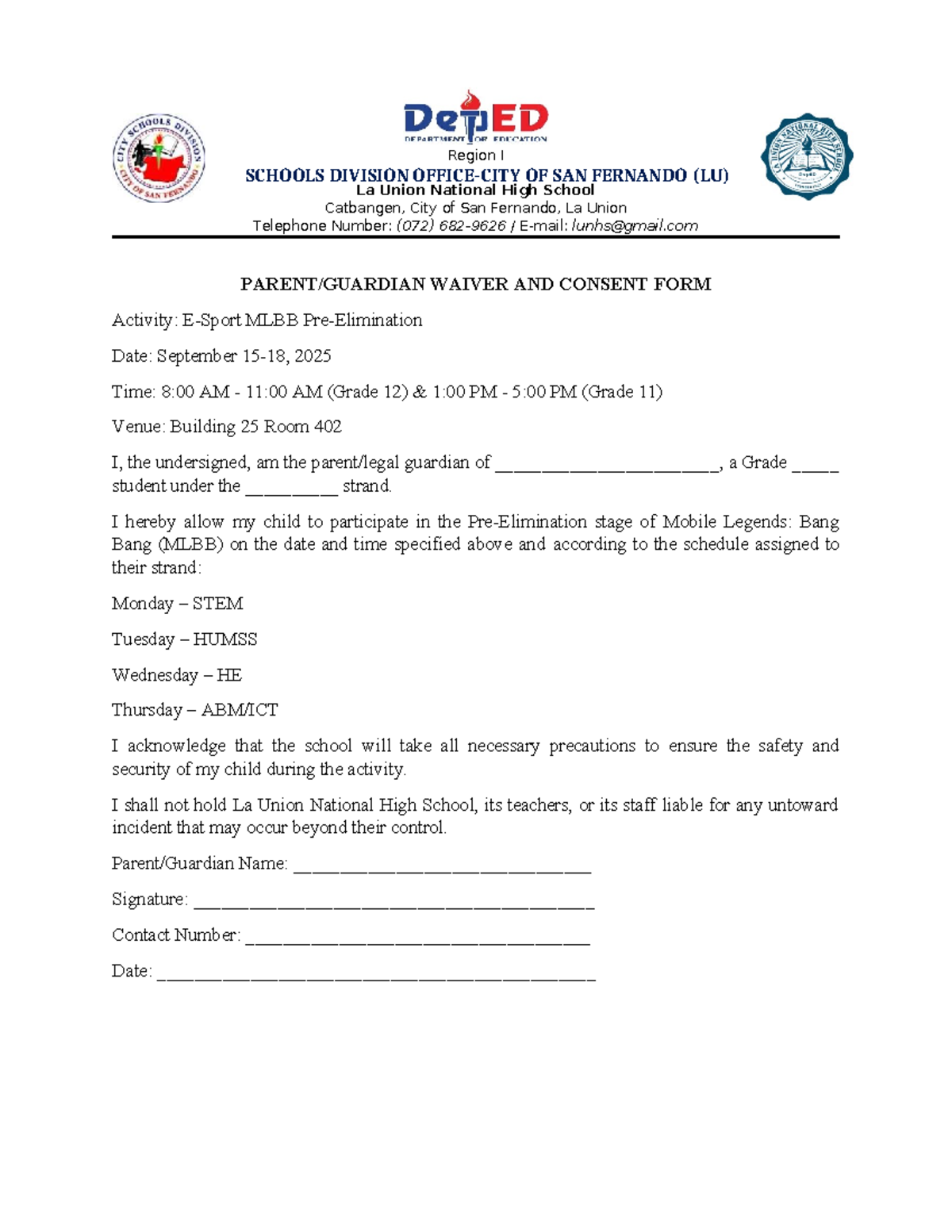 MLBB Consent Form for Grade 11 & 12 Participation - Studocu
