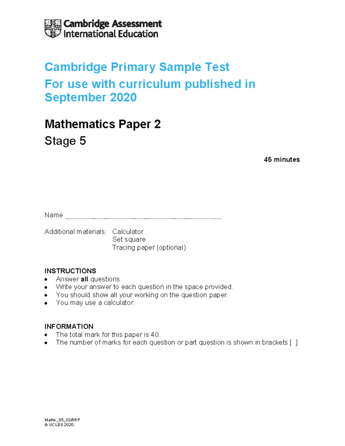 Mathematics Stage 5 Sample Test Paper 2 (tcm142-595000) - Studocu