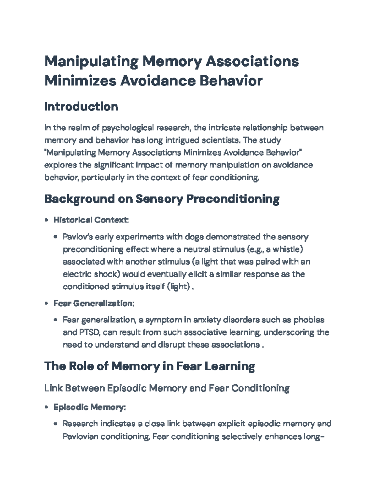 Manipulating Memory Associations to Reduce Avoidance Behavior - PSY 101 ...