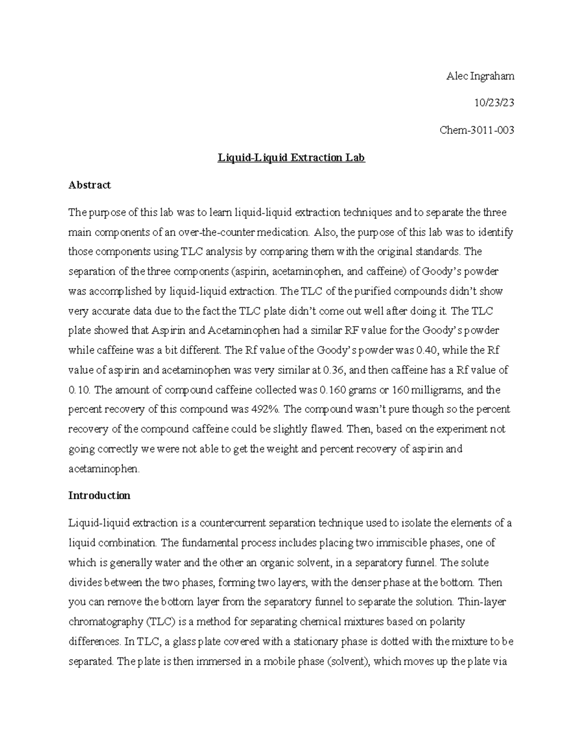 Chem-3011: Lab Report on Liquid-Liquid Extraction Techniques - Studocu