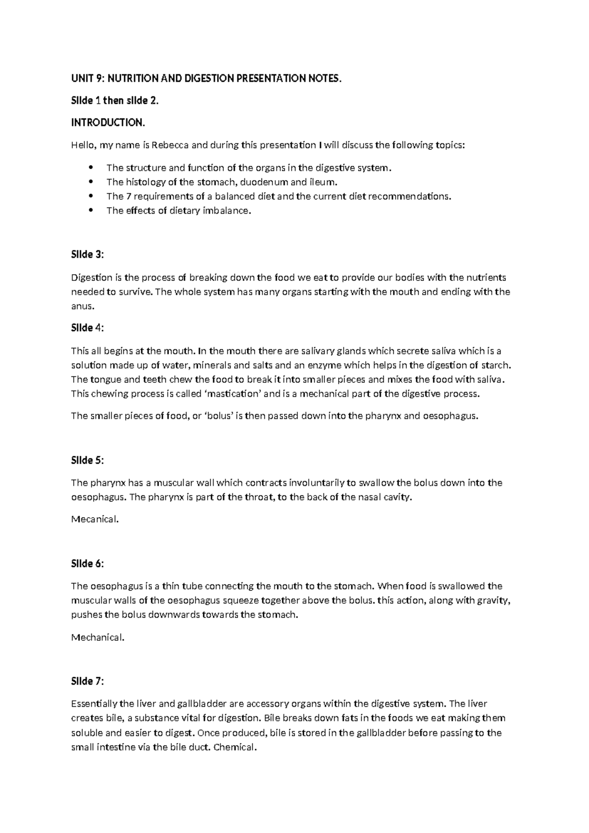 Nutrition & Digestion Presentation Notes (Unit 9) - Studocu
