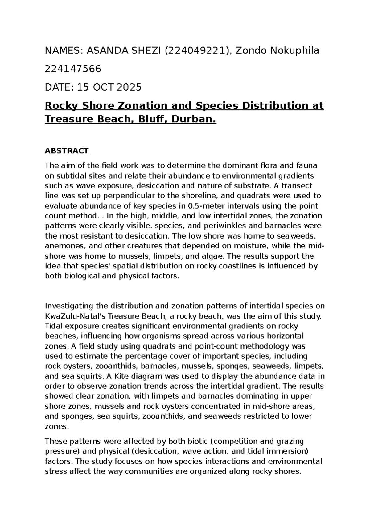 BIOL231: Rocky Shore Zonation & Species Distribution Study - Studocu