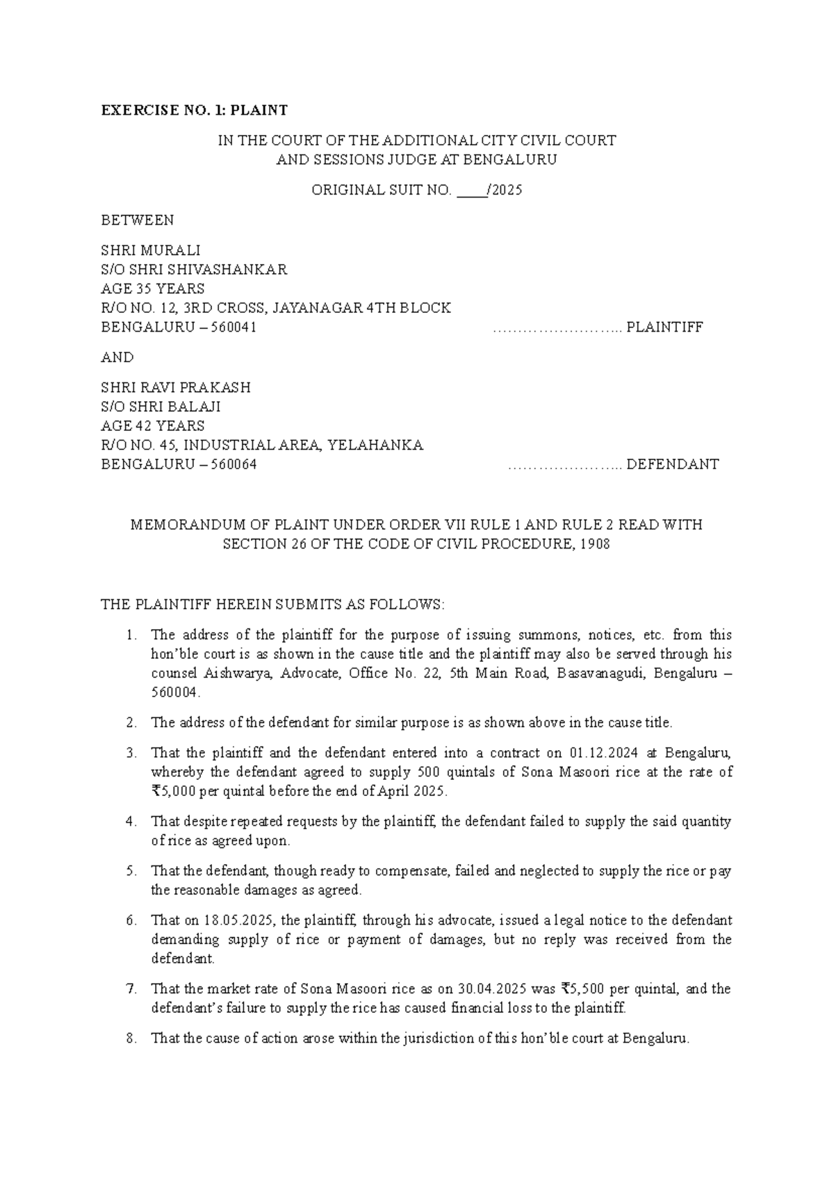 DPC Exercise: Memorandum of Plaint and Written Statement Analysis - Studocu