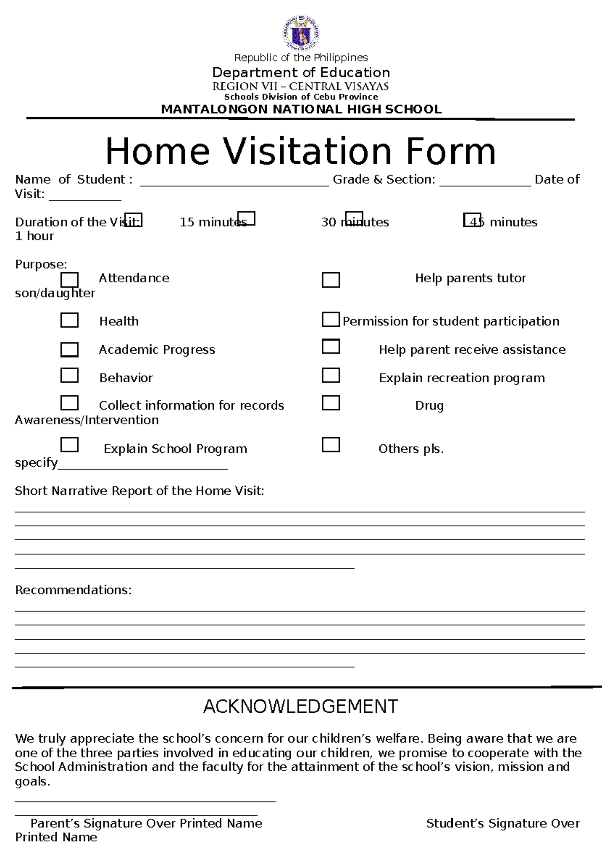 MANTALONGON NATIONAL HIGH SCHOOL Home Visitation Form V2 - Studocu