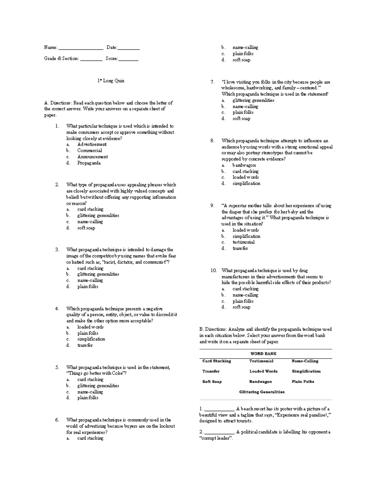 Propaganda Techniques Long Quiz (Course Code: 101) - Studocu