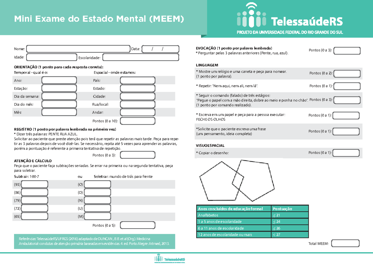 Mini Exame do Estado Mental (MEEM) - Avaliação Cognitiva Completa - Studocu