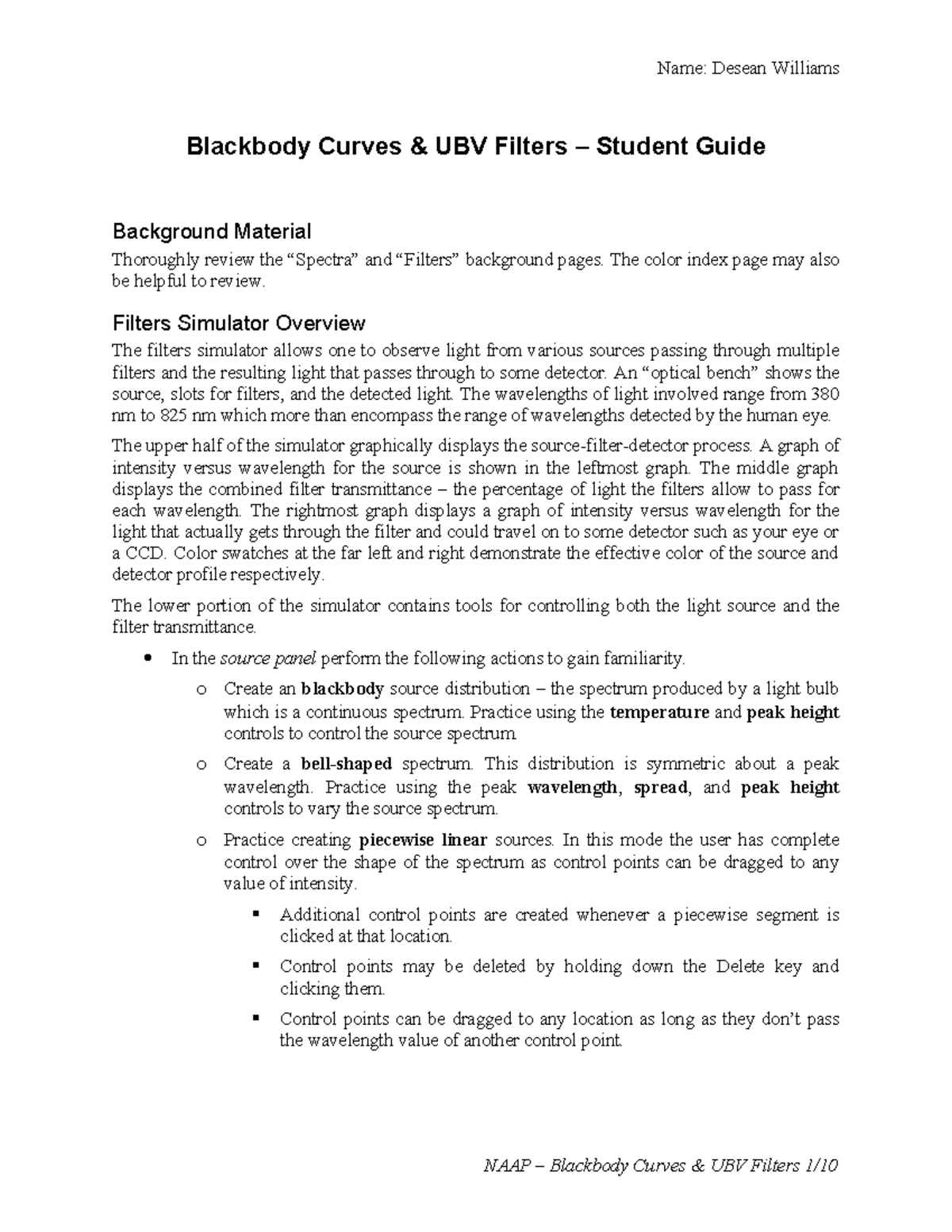 Lab 5: Blackbody Curves & UBV Filters Student Guide - Studocu