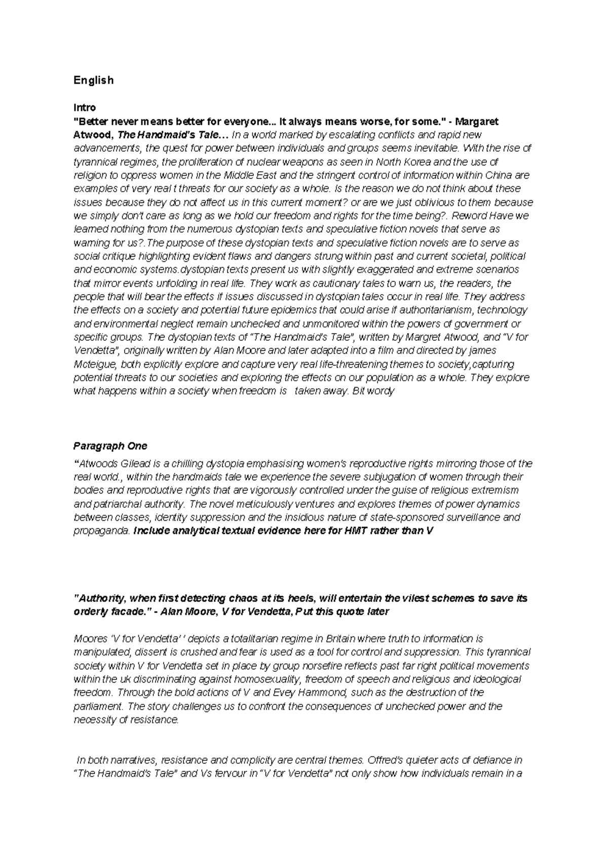 English Essay: Dystopian Themes in Atwood's "The Handmaid's Tale" and ...