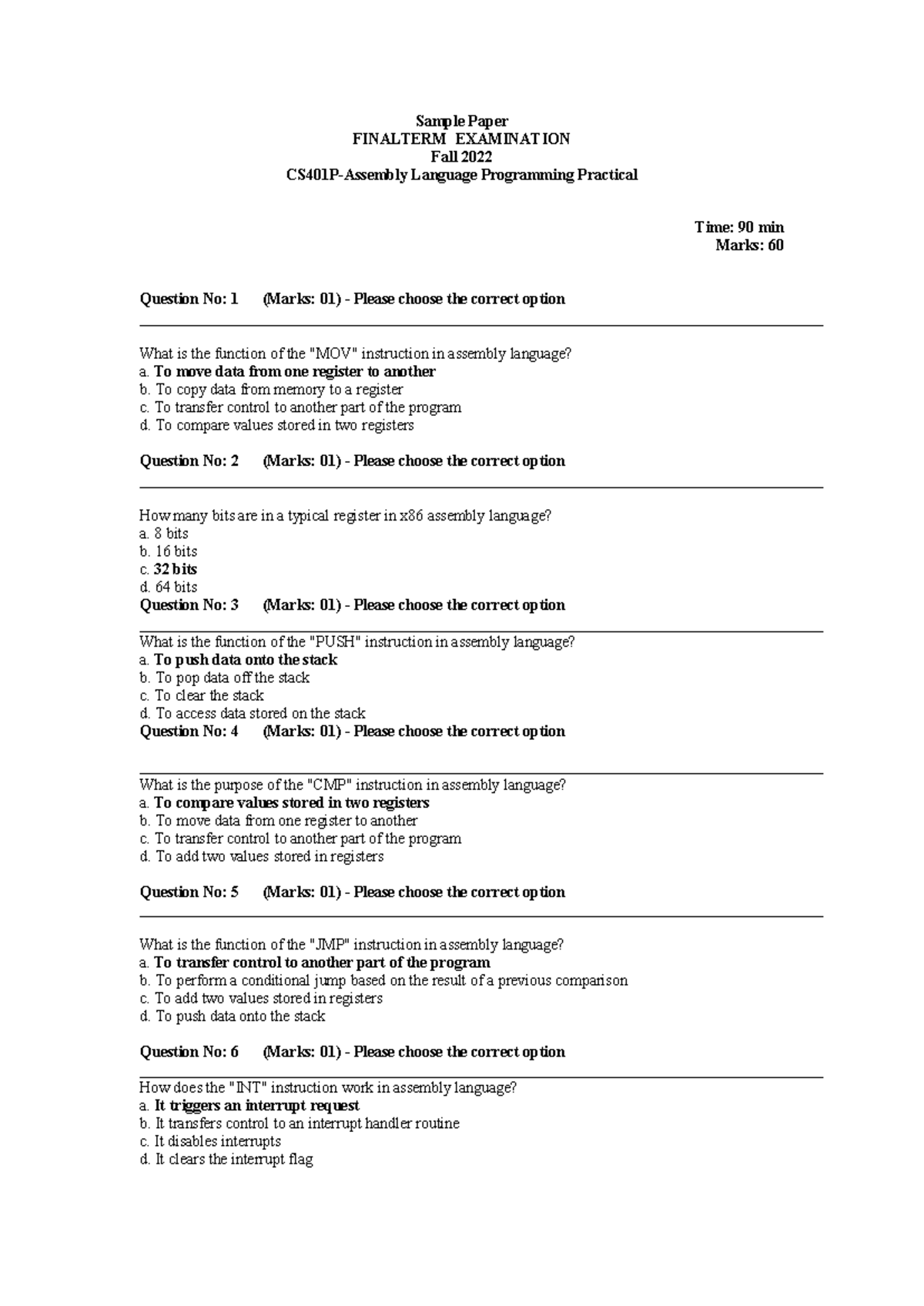 Final Exam Sample Paper for CS401P - Assembly Language Programming ...