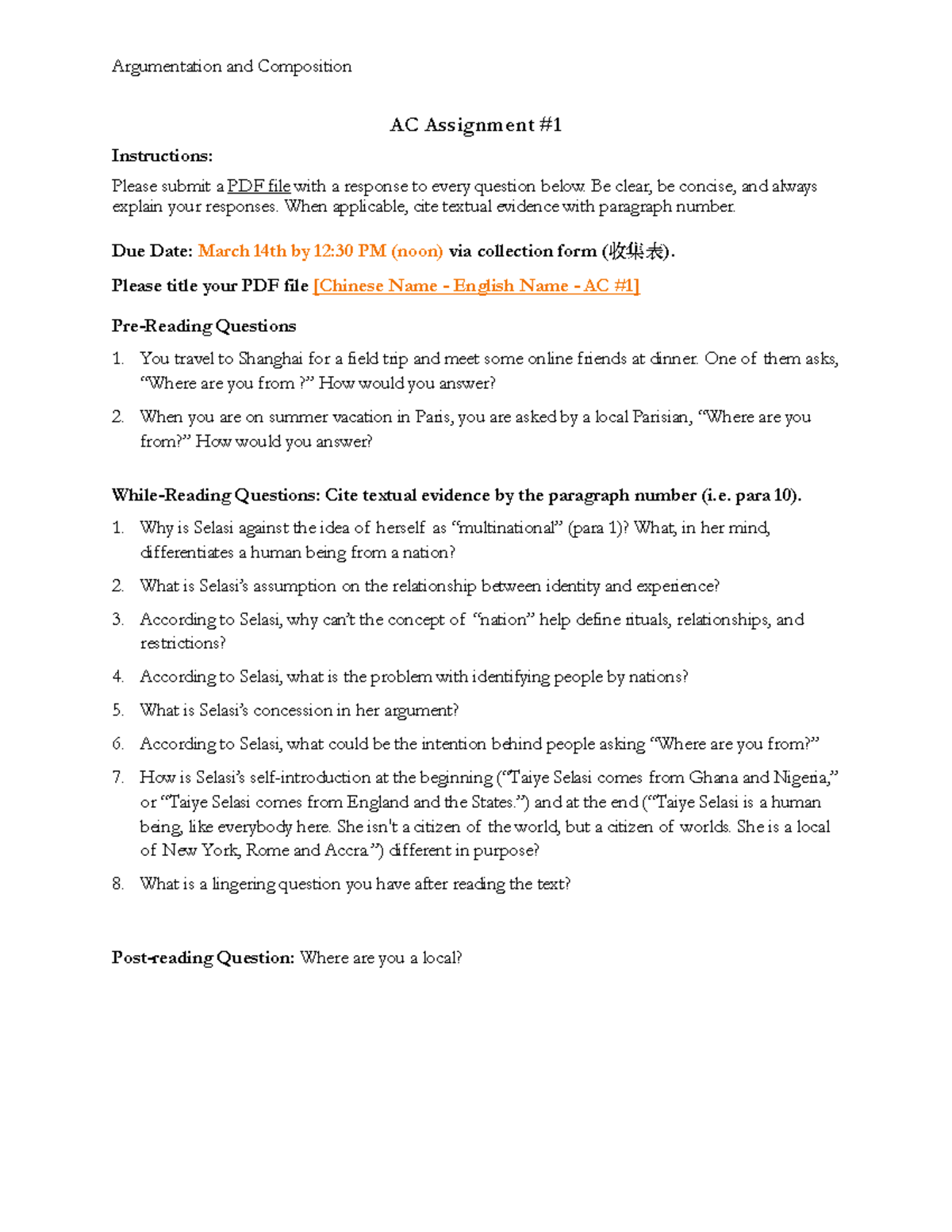 AC Assignment #1: Argumentation & Composition Instructions - Studocu