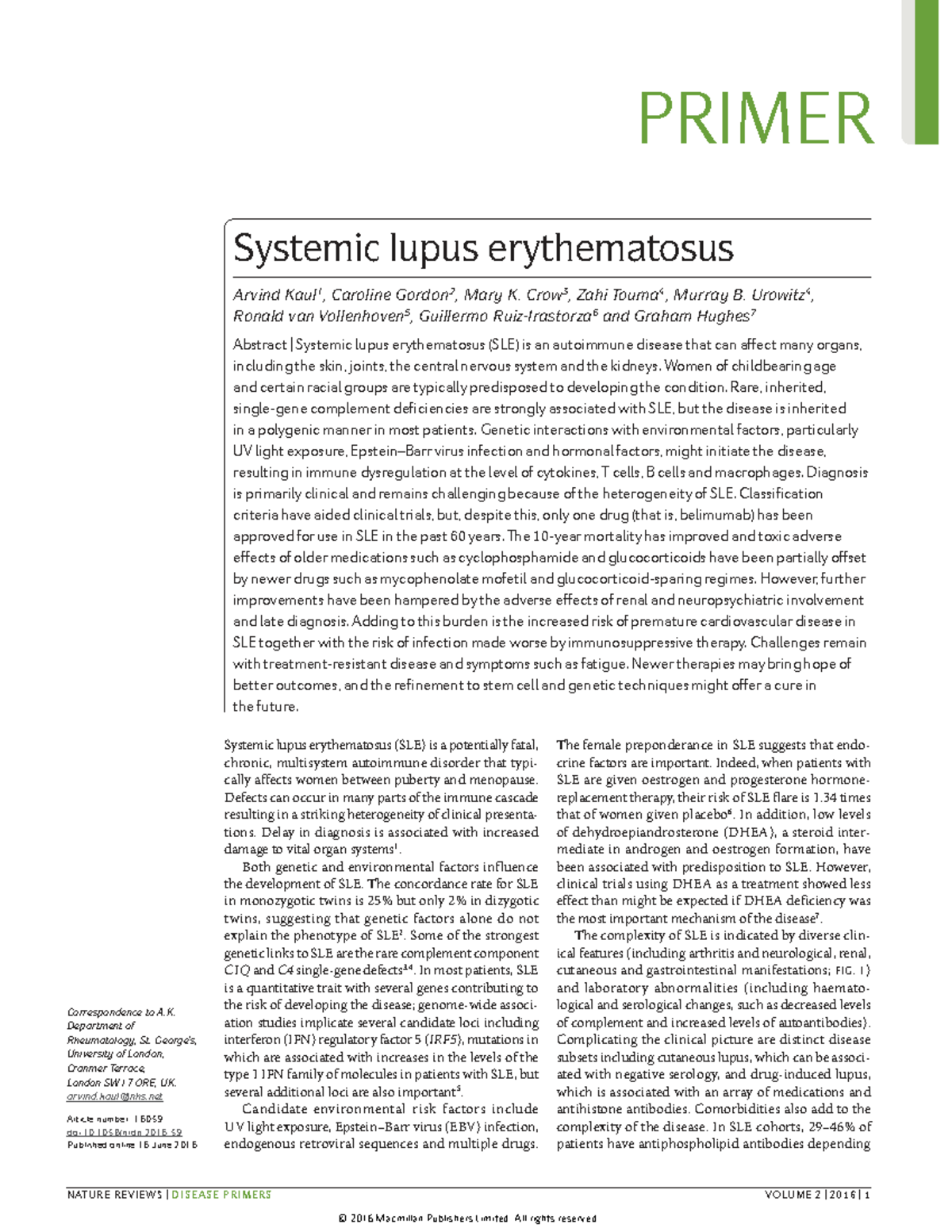 PRIMER: Systemic Lupus Erythematosus Overview and Management (SLE ...