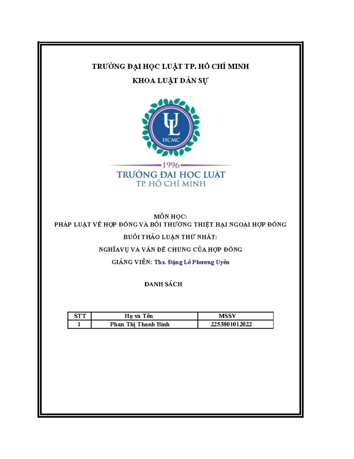 Thảo luận 1: Pháp luật về hợp đồng và bồi thường thiệt hại - Môn Dân sự - Studocu