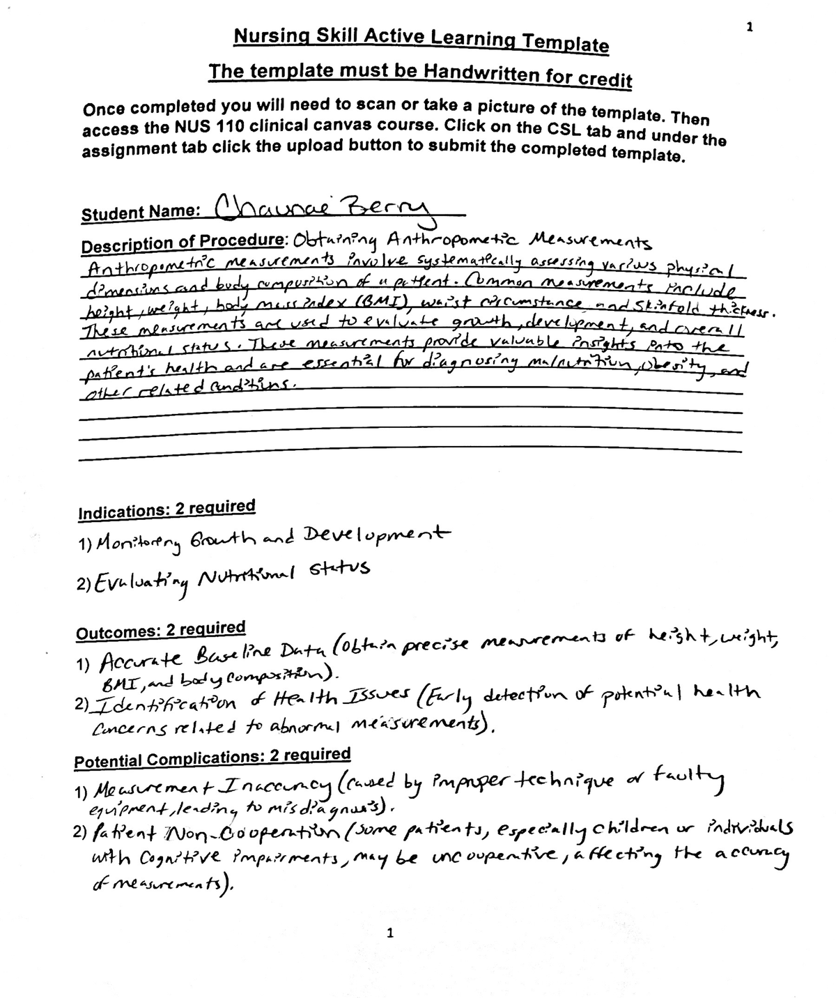 NUS 110 Nursing Skill: Anthropometric Measurement Active Learning Guide ...