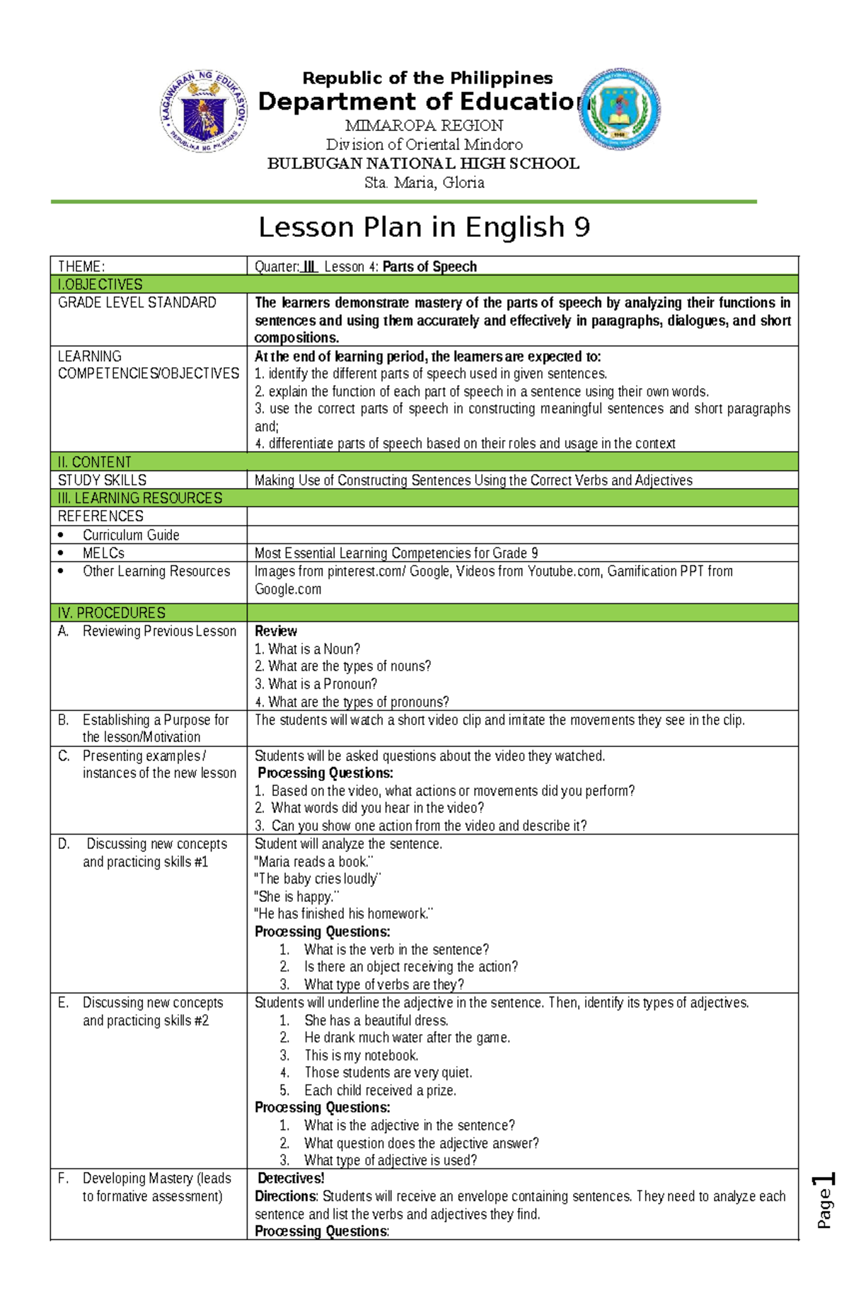 English 9 Lesson Plan: Understanding Verbs & Adjectives - Studocu