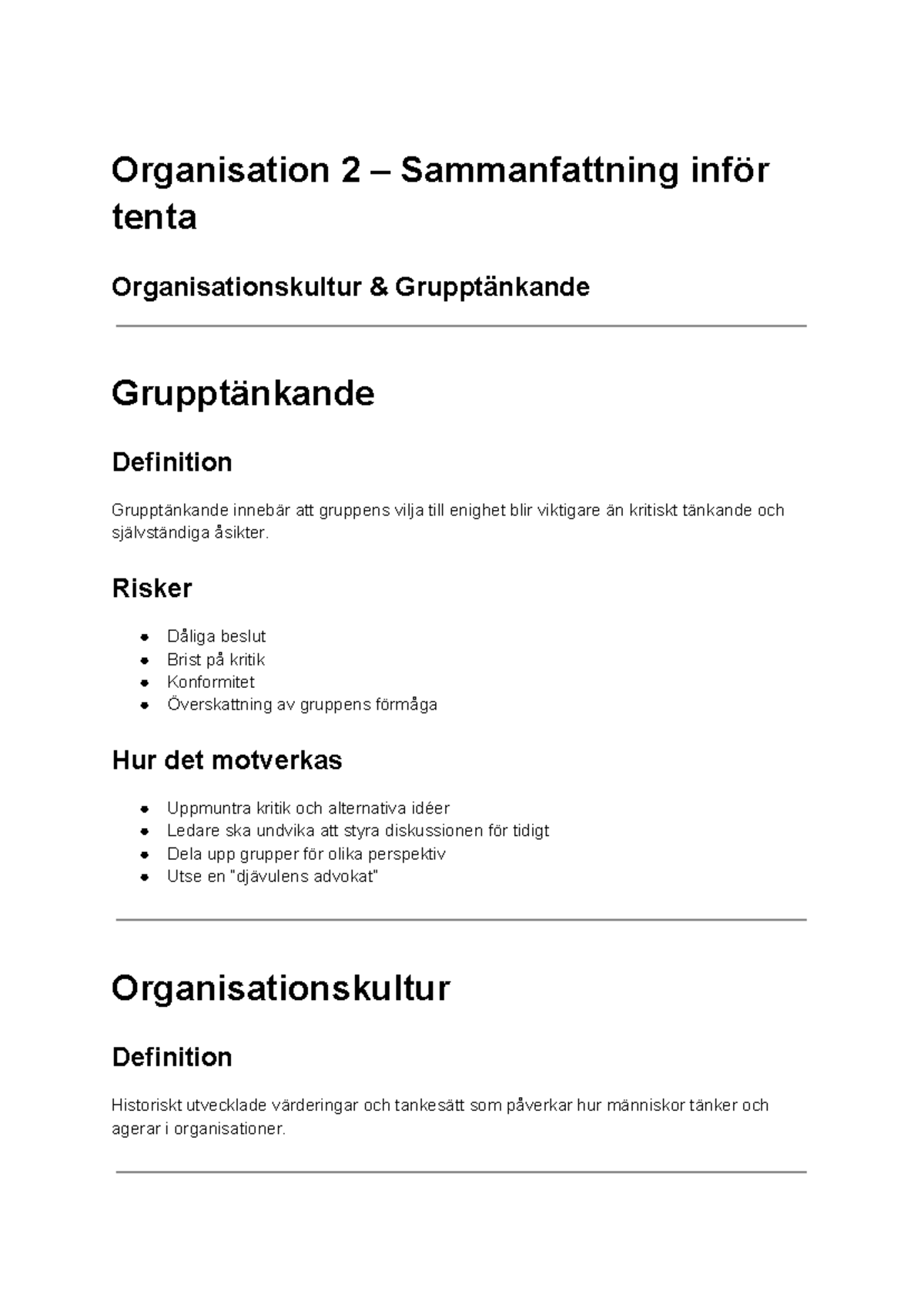 Organisation 2 – Sammanfattning inför tenta om Organisationskultur ...