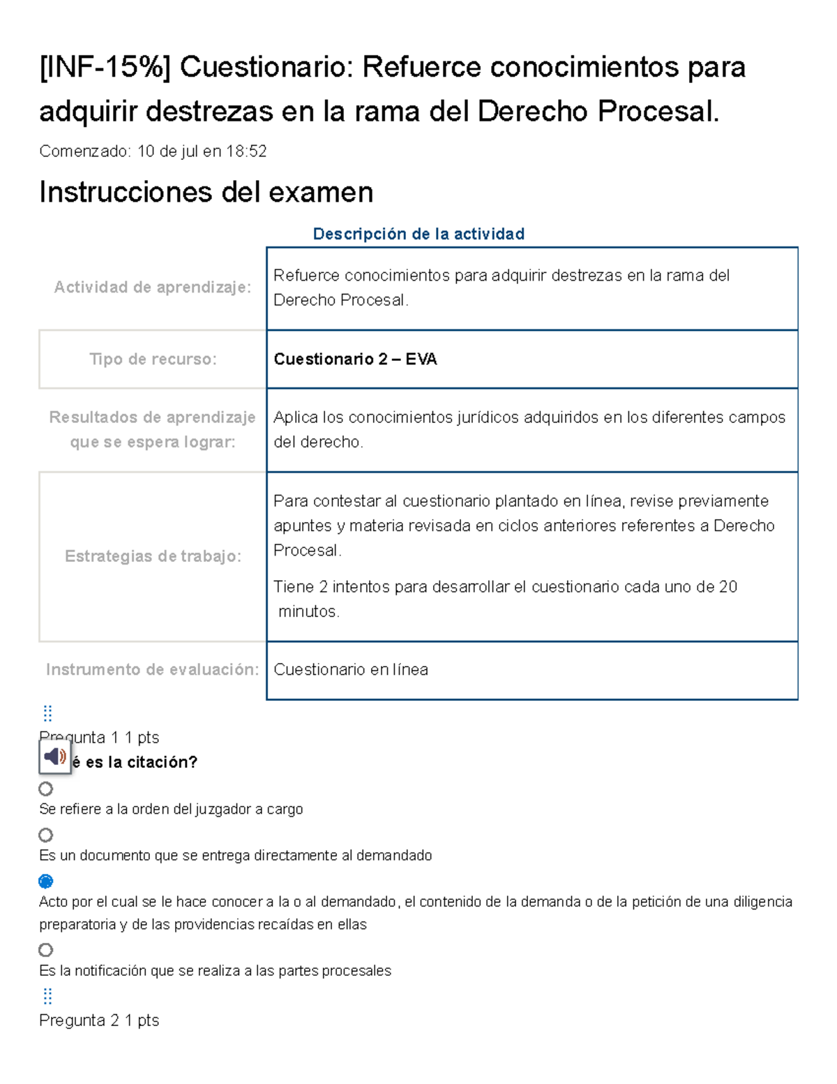 Cuestionario INF-15%: Refuerzo de Conocimientos en Derecho Procesal ...