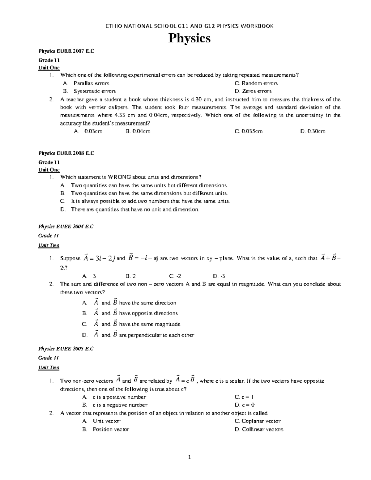 Physics Workbook - Grade 11 E.C - Units 1 to 6 Notes - Studocu
