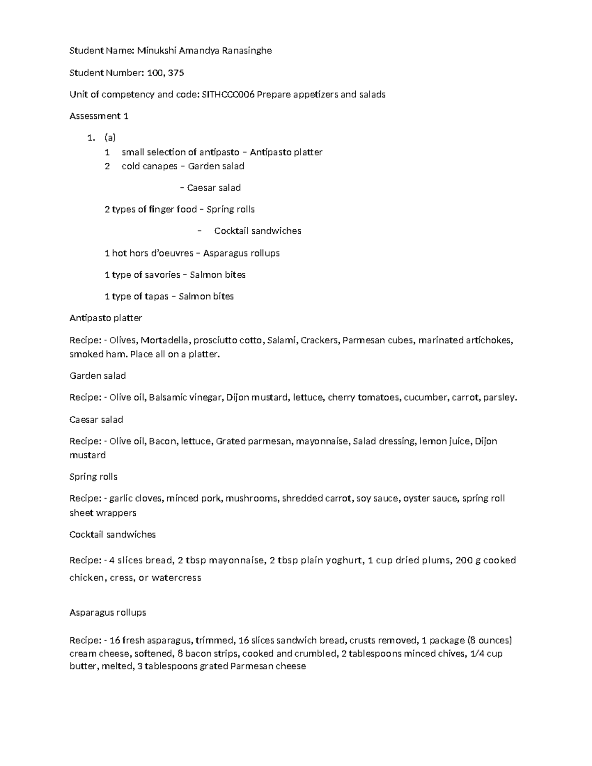 SITHCCC 006 Final Exam: Recipes for Appetizers and Salads - Studocu