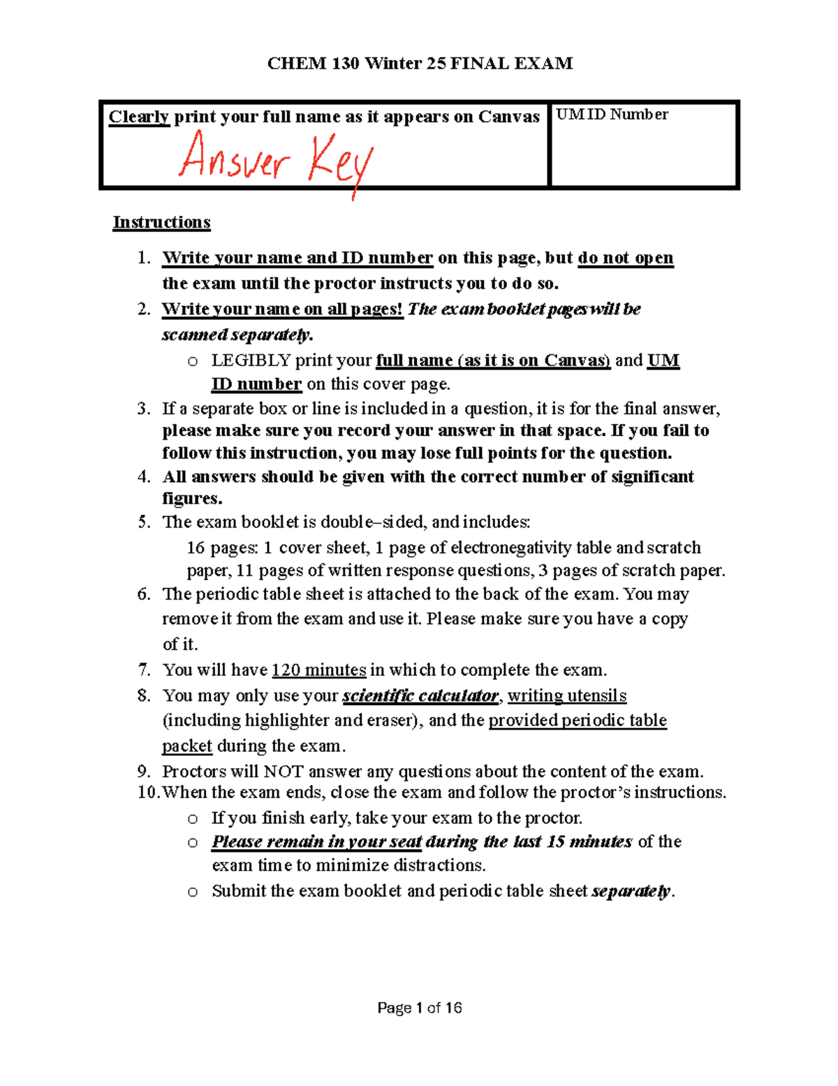 CHEM 130 Winter 25 FINAL EXAM Answer Key - Studocu