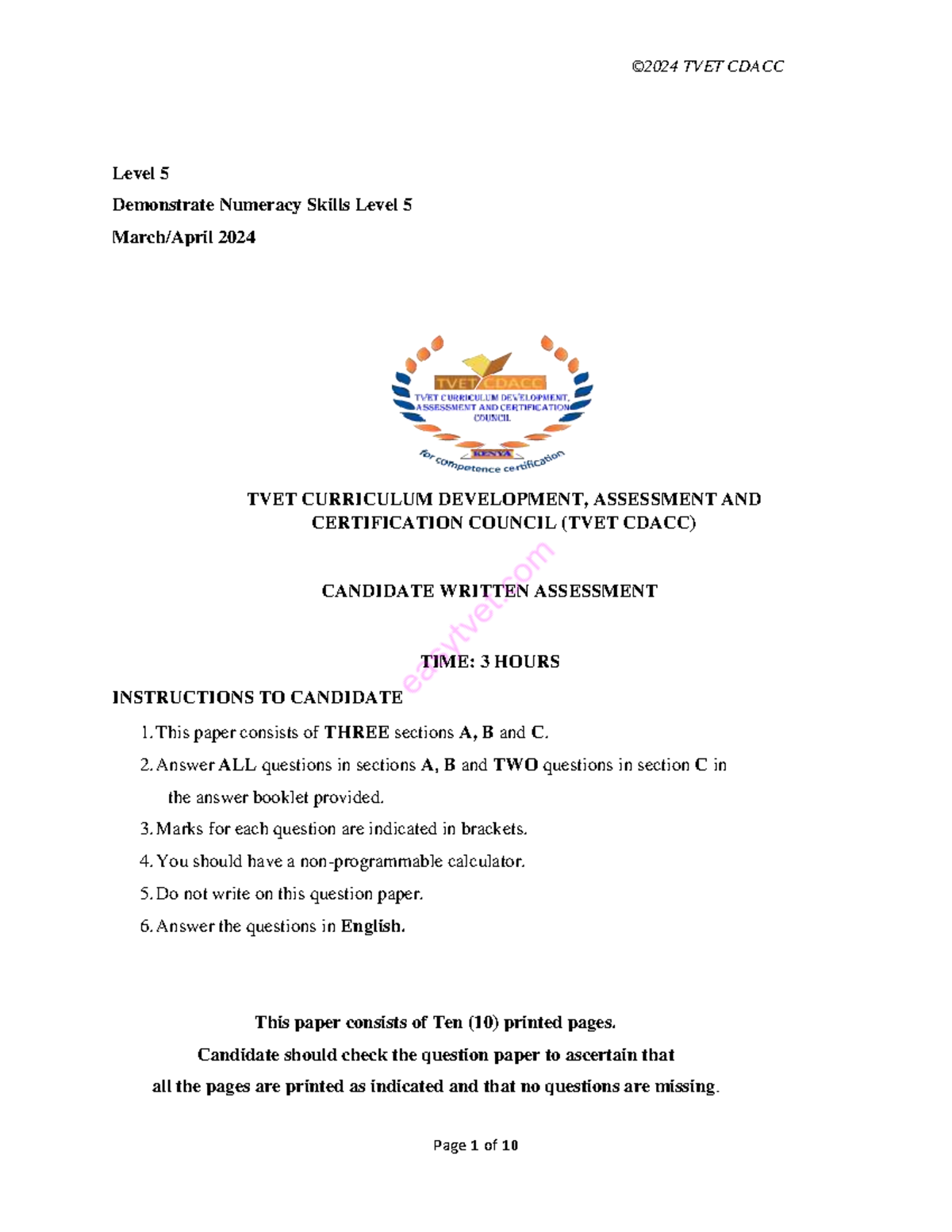 TVET CDACC Level 5 Numeracy Skills Written Assessment 2024 - Studocu
