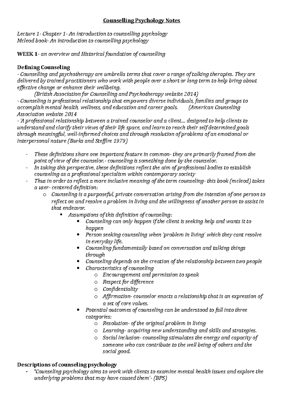 Lecture 1 - Psychology: Introduction to Counseling Psychology Notes ...