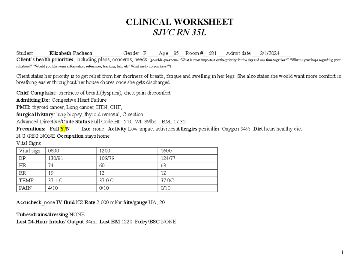 N35L Daily Clinical Worksheet and Patient Care Summary - Studocu