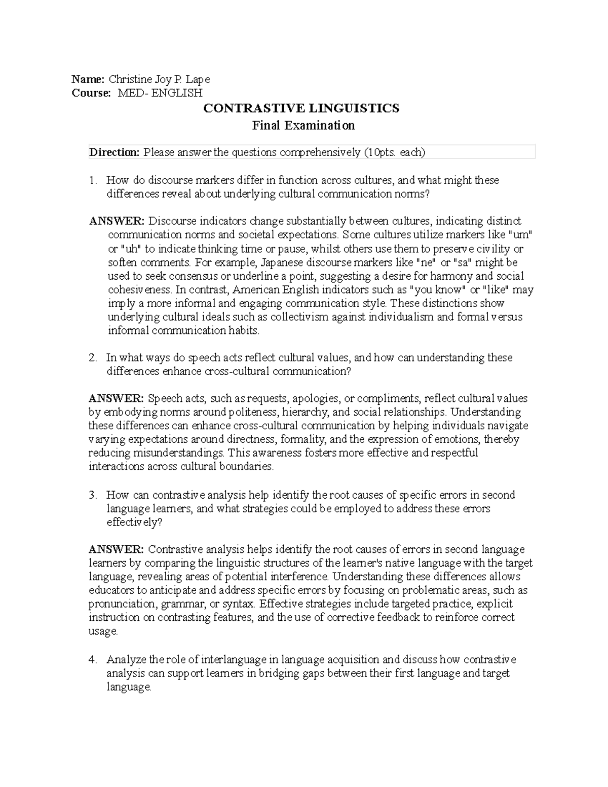 Final Exam MED-ENGLISH: Insights on Contrastive Linguistics - Studocu