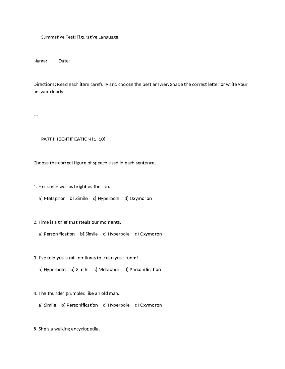 Summative Test: Figurative Language Assessment - Studocu