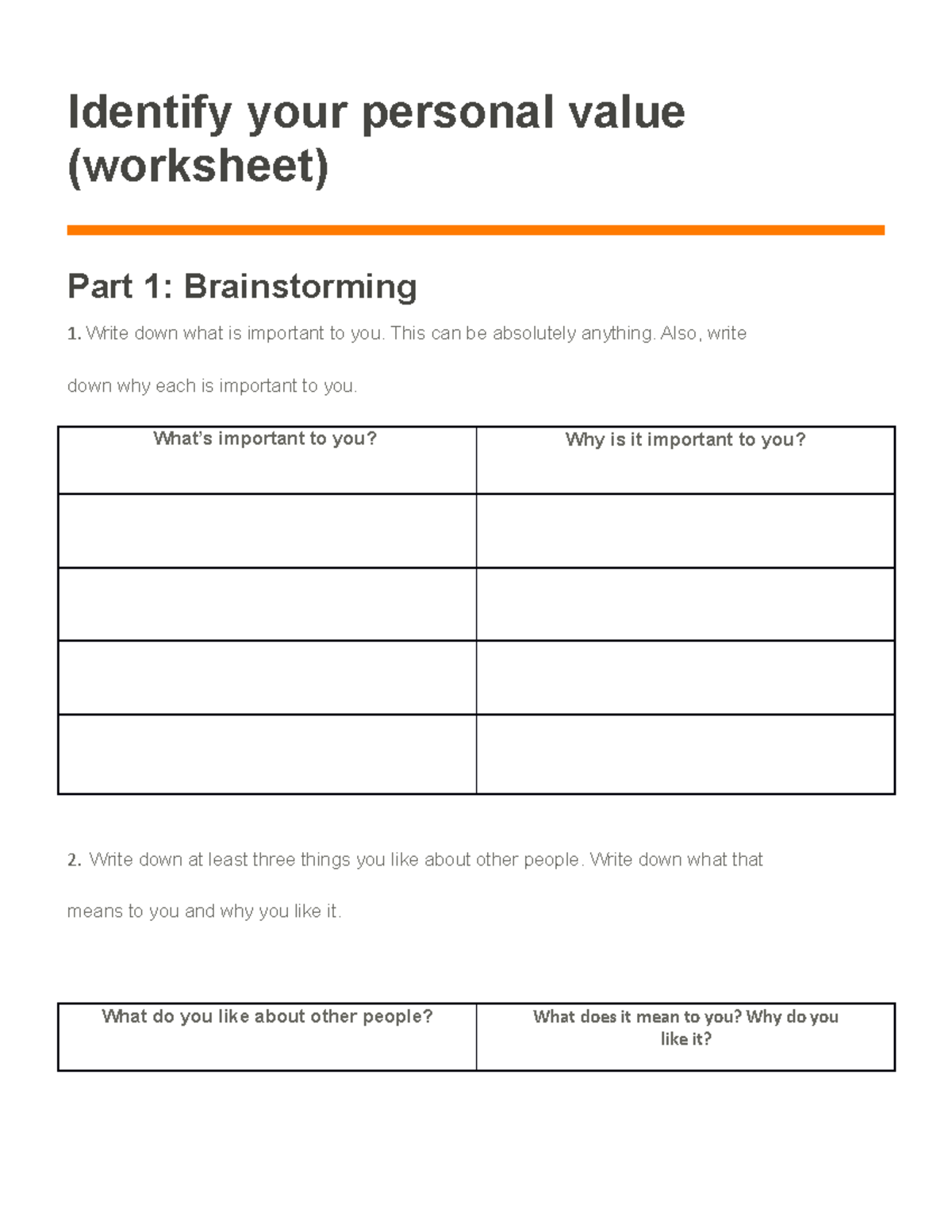 Identify your personal value worksheet - Identify your personal value ...