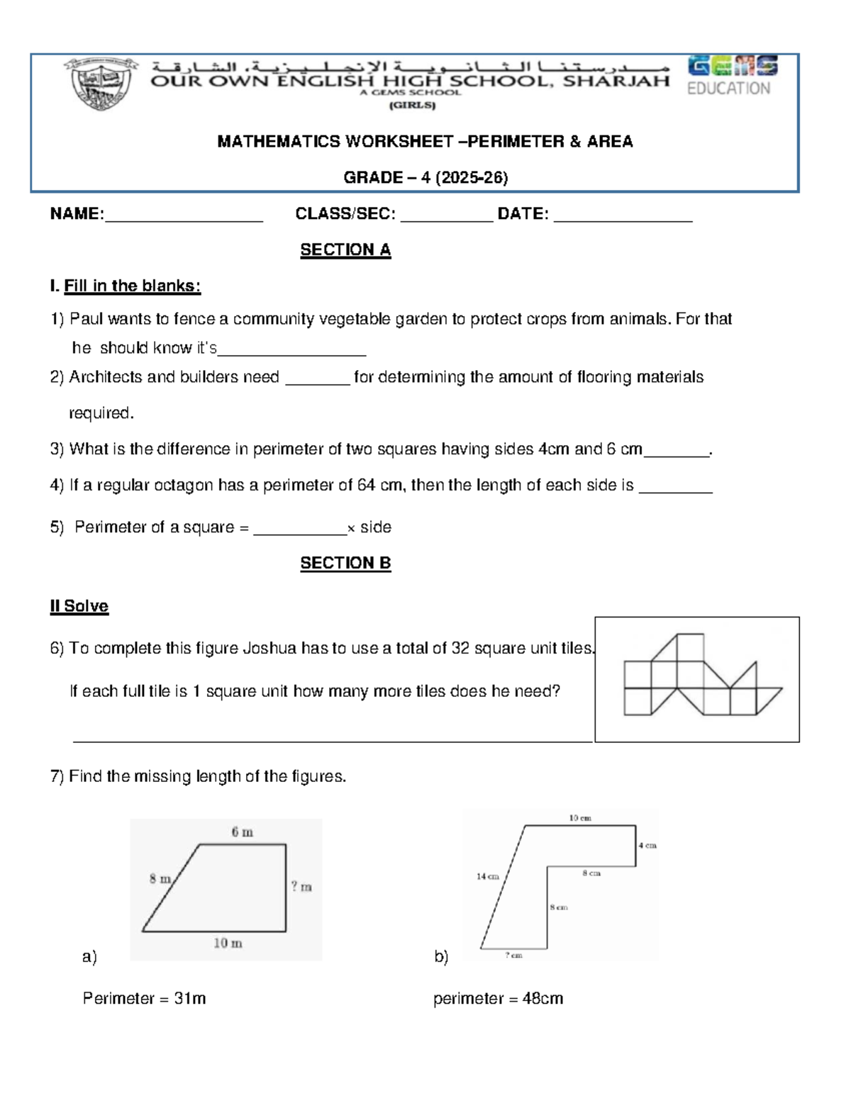 Grade 4 Mathematics Worksheet: Perimeter & Area Concepts - Studocu