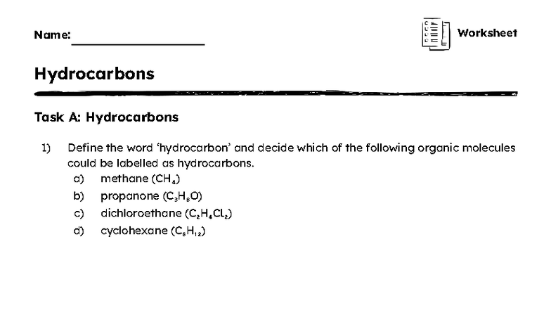 Hydrocarbons Worksheet: Task A & B - Organic Molecules Analysis - Studocu