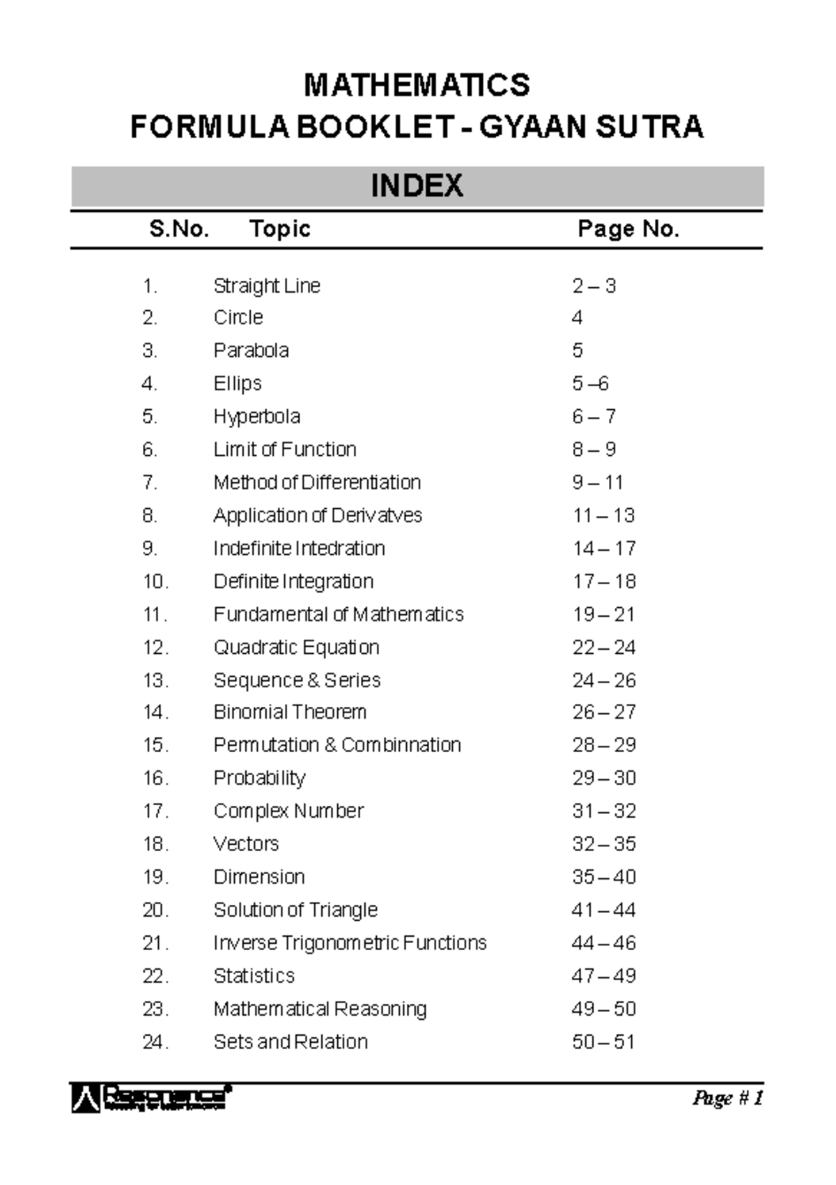 MATHEMATICS FORMULA BOOKLET GYAAN SUTRA: INDEX & CONTENTS - Studocu