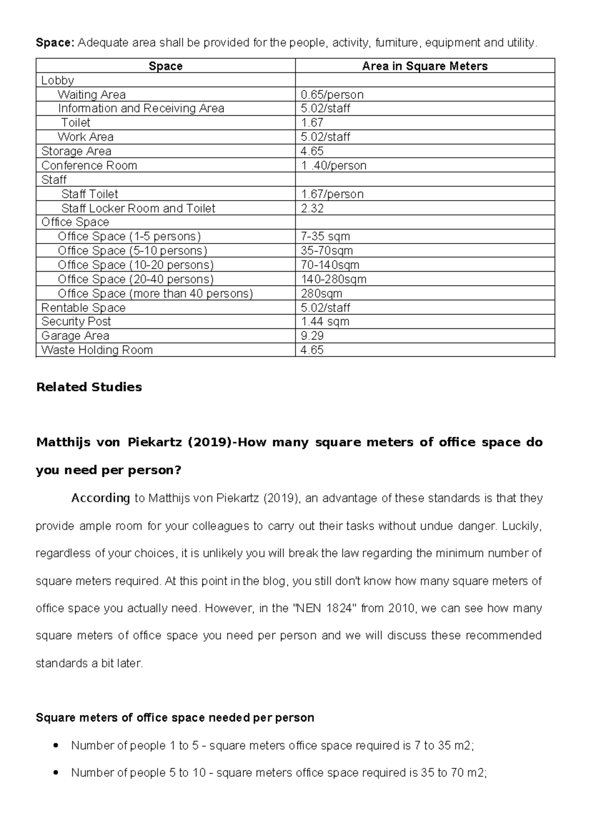 Office Space Requirements: Area Calculations and Standards - Studocu