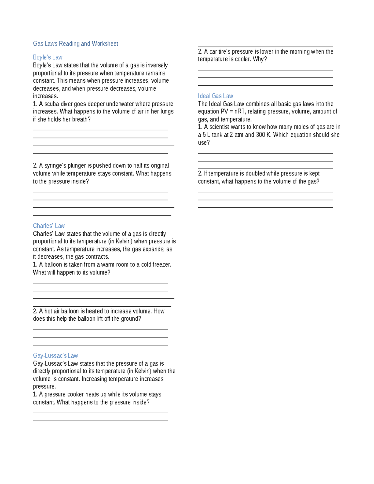 Gas Laws: Reading & Worksheet for Understanding Gases - Studocu