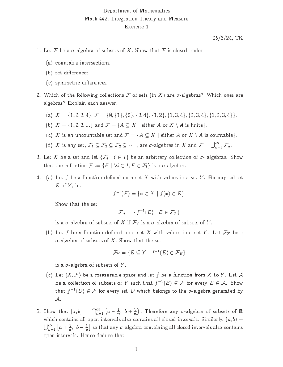 MATH 442: Integration Theory Exercise 1 - Set Operations and Algebras ...