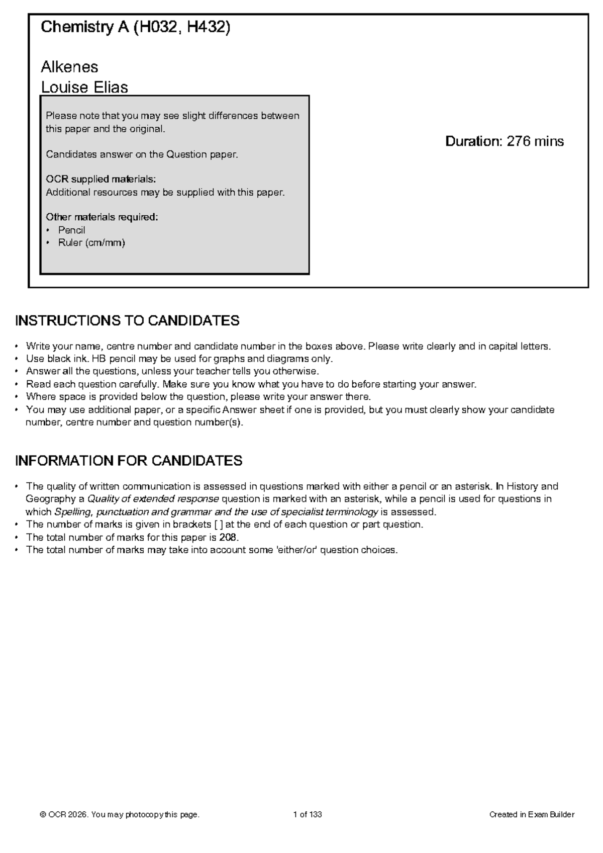 Chemistry A (H032, H432) Alkenes Study Notes by Louise Elias - Studocu