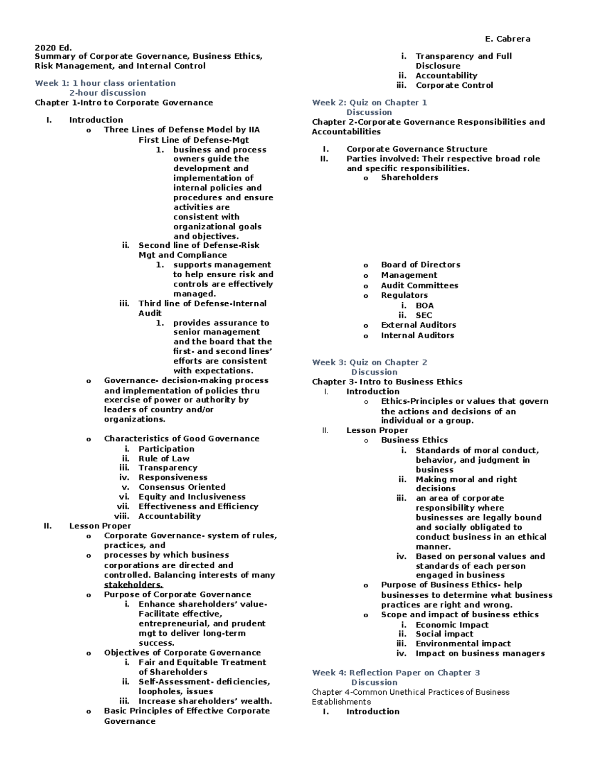 Corporate Governance & Business Ethics Summary (Course Code: E. Cabrera ...