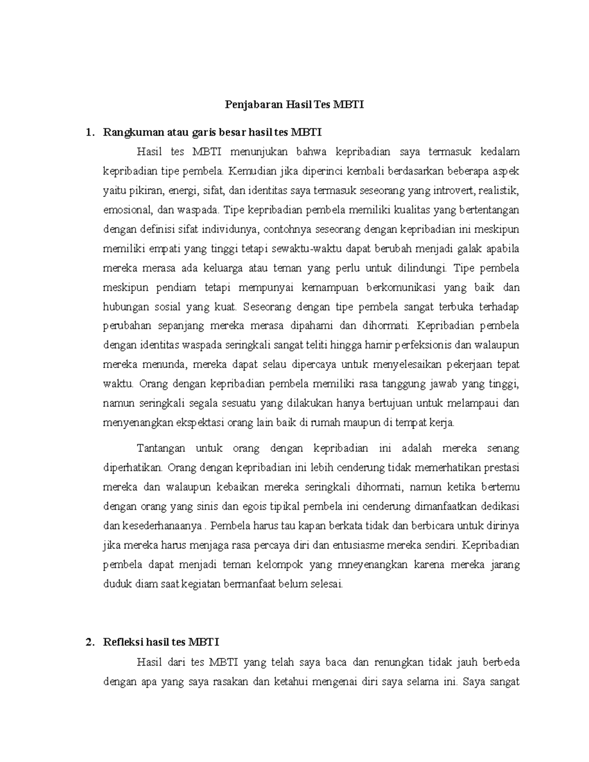 Uraian Hasil Tes MBTI: Refleksi dan Tindak Lanjut Kepribadian - Studocu