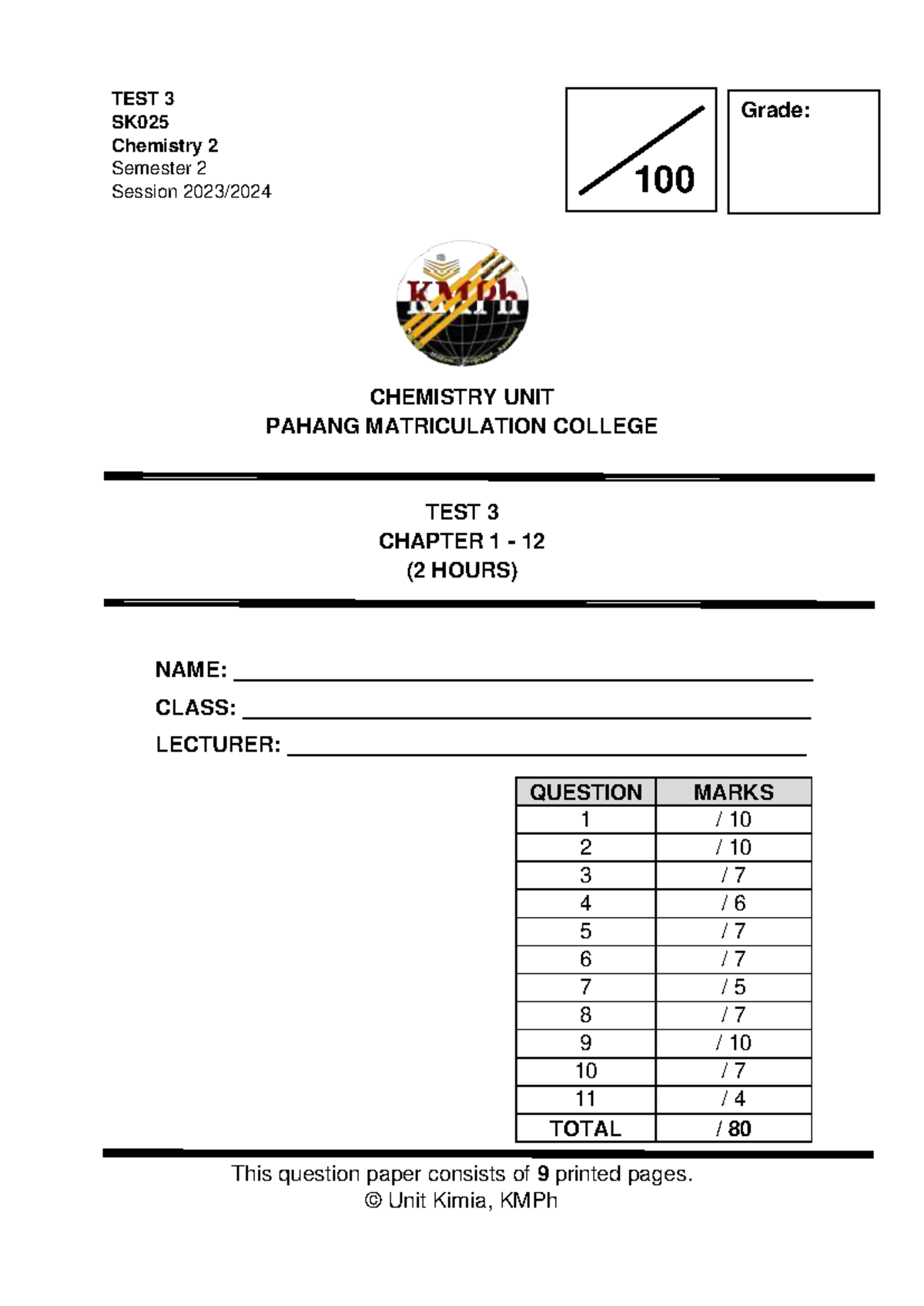 TEST 3 SK025 Chemistry 2 Semester 2 - Pahang Matriculation College ...