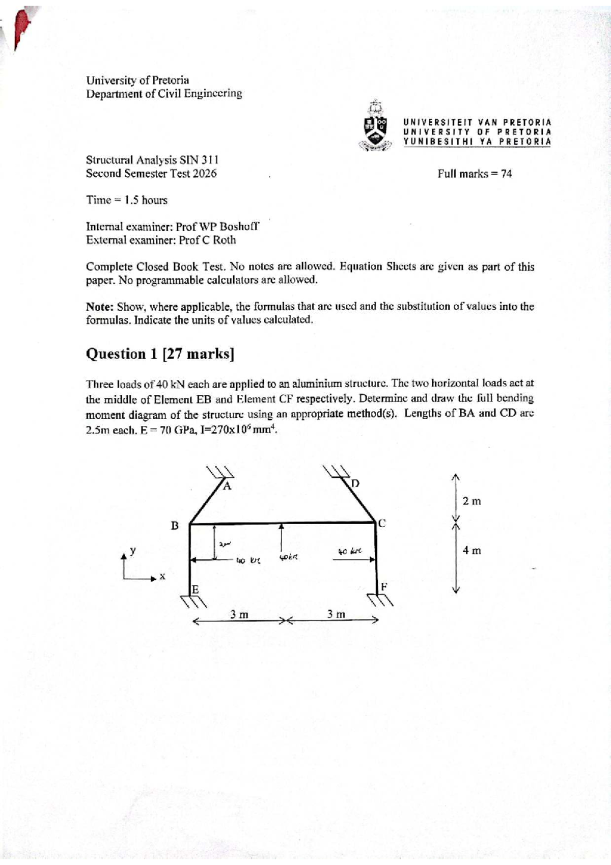 SIN 311 Structural Analysis Second Semester Test 2026 - Studocu